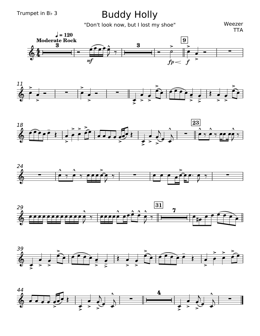 Buddy Holly - Weezer Sheet Music for Trumpet in b-flat (Solo) | MuseScore.com