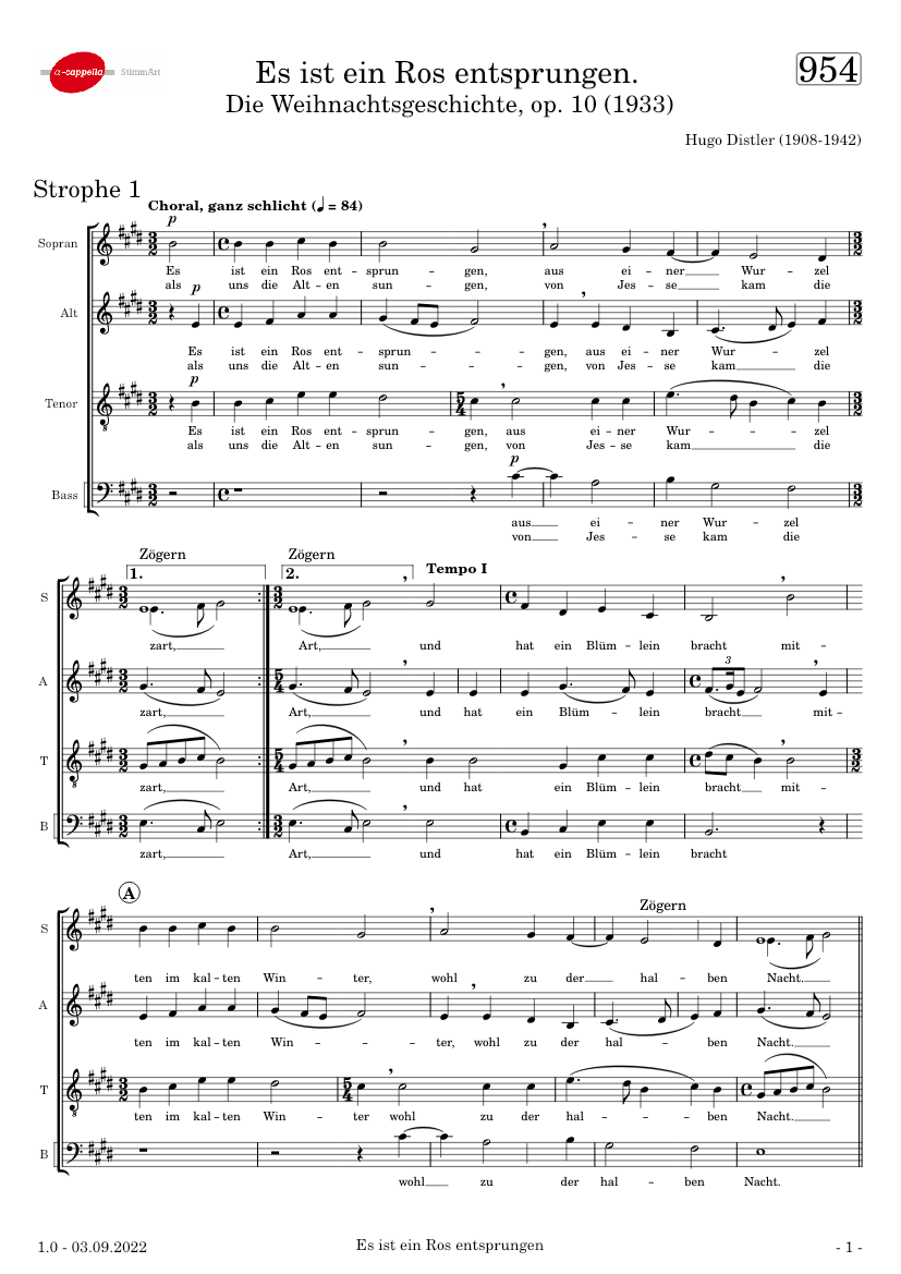Es ist ein' Ros' entsprungen - Hugo Distler Sheet Music for Soprano ...