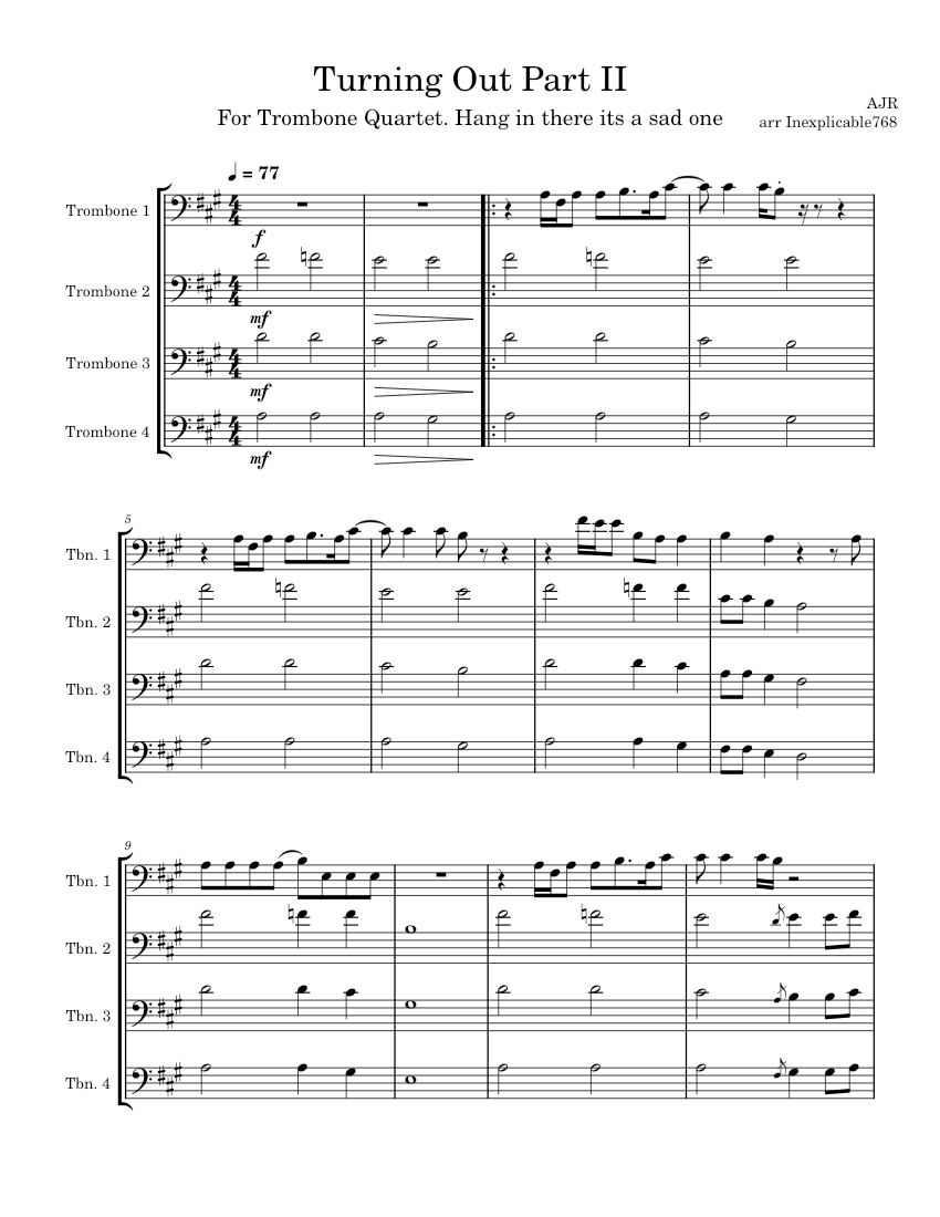 Trombone Quartet - Turning Out Pt ii - AJR Sheet music for Trombone ...