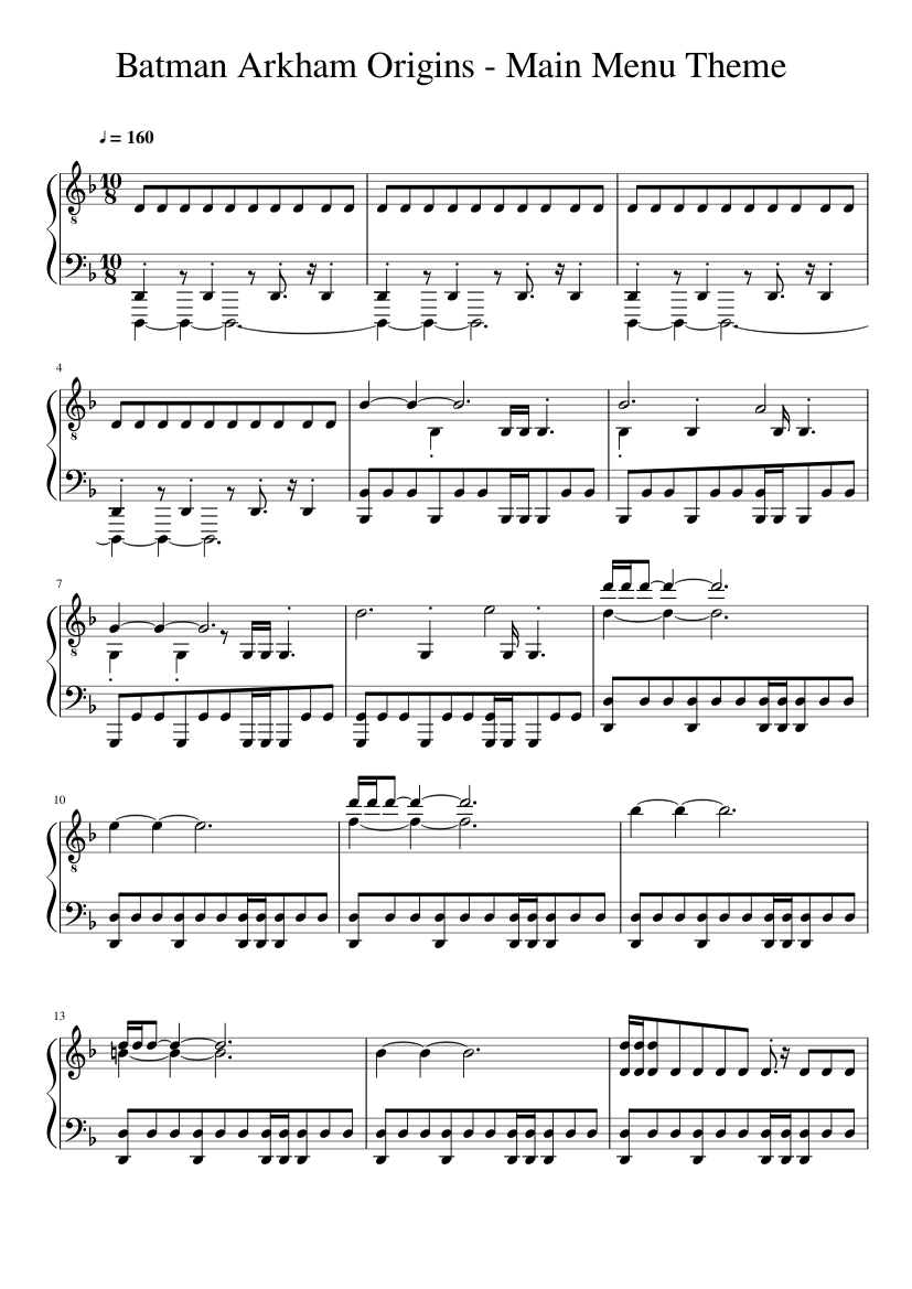 Batman Arkham Origins - Arkham Origins Main Menu Theme Sheet Music for ...