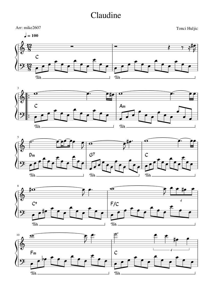 Claudine – Tonci Huljic Sheet Music with Chords for Piano (Solo) Easy ...