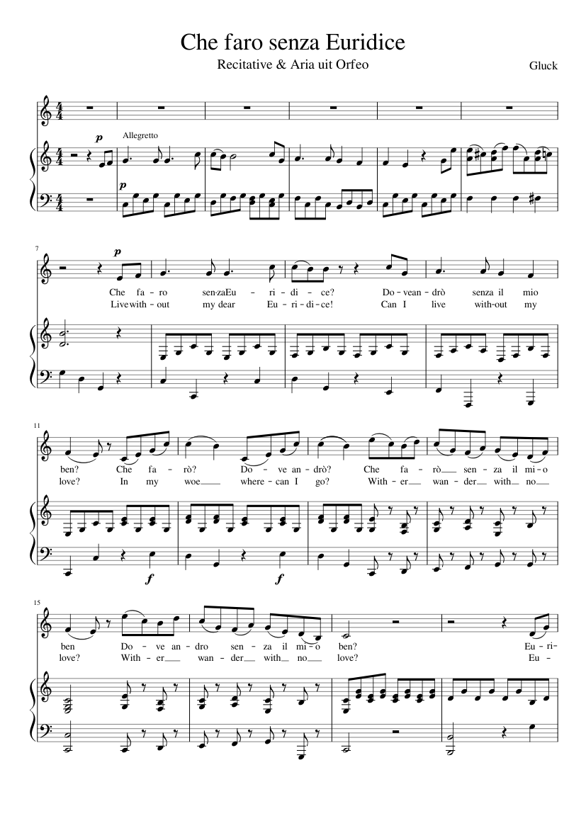 Che faro senza Euridice Sheet Music for Piano, Vocals (Piano-Voice) | MuseScore.com