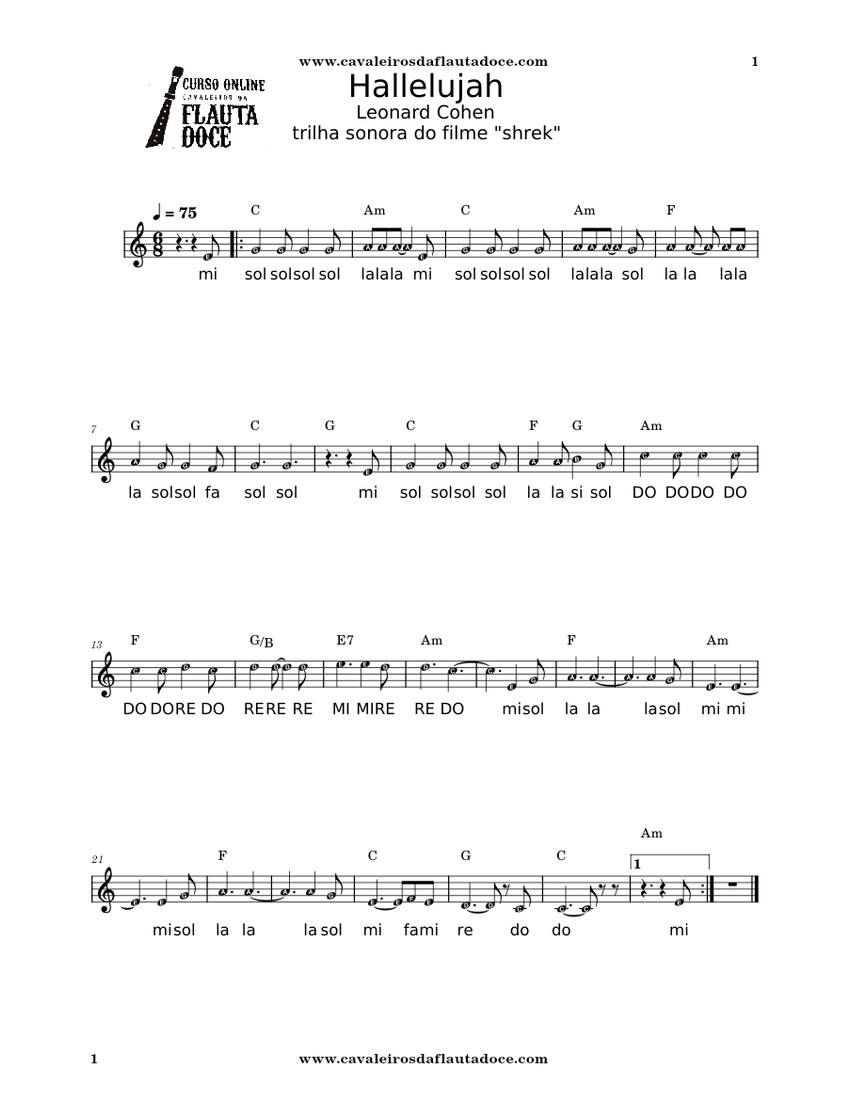 Hallelujah – Leonard Cohen Hallelujah - Shrek Sheet music for Flute ...
