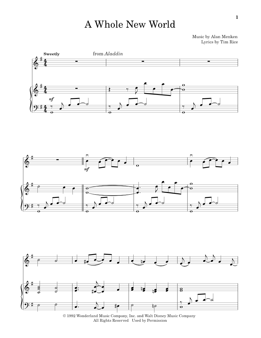 Play Official version of A Whole New World Sheet Music by Alan Menken ...