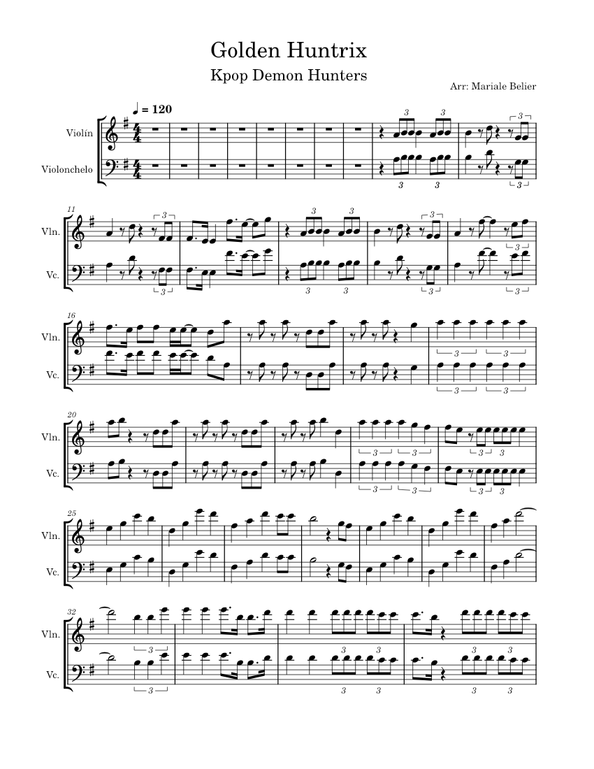 Golden Huntrix Kpop Sheet Music for Violin, Cello (String Duet ...