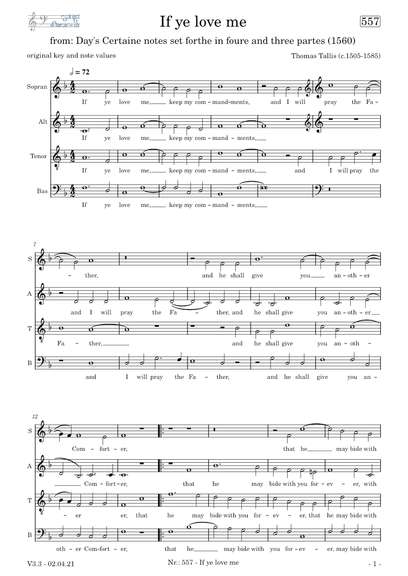 If ye love me – Thomas Tallis Sheet music for Saxophone alto, Saxophone ...