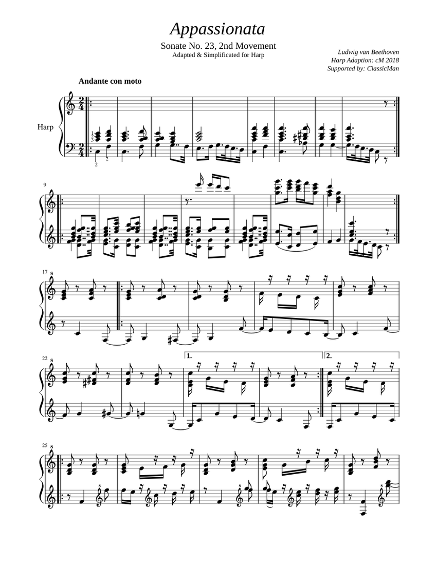 Appassionata (2nd Movement) for Harp Sheet music for Harp (Solo ...