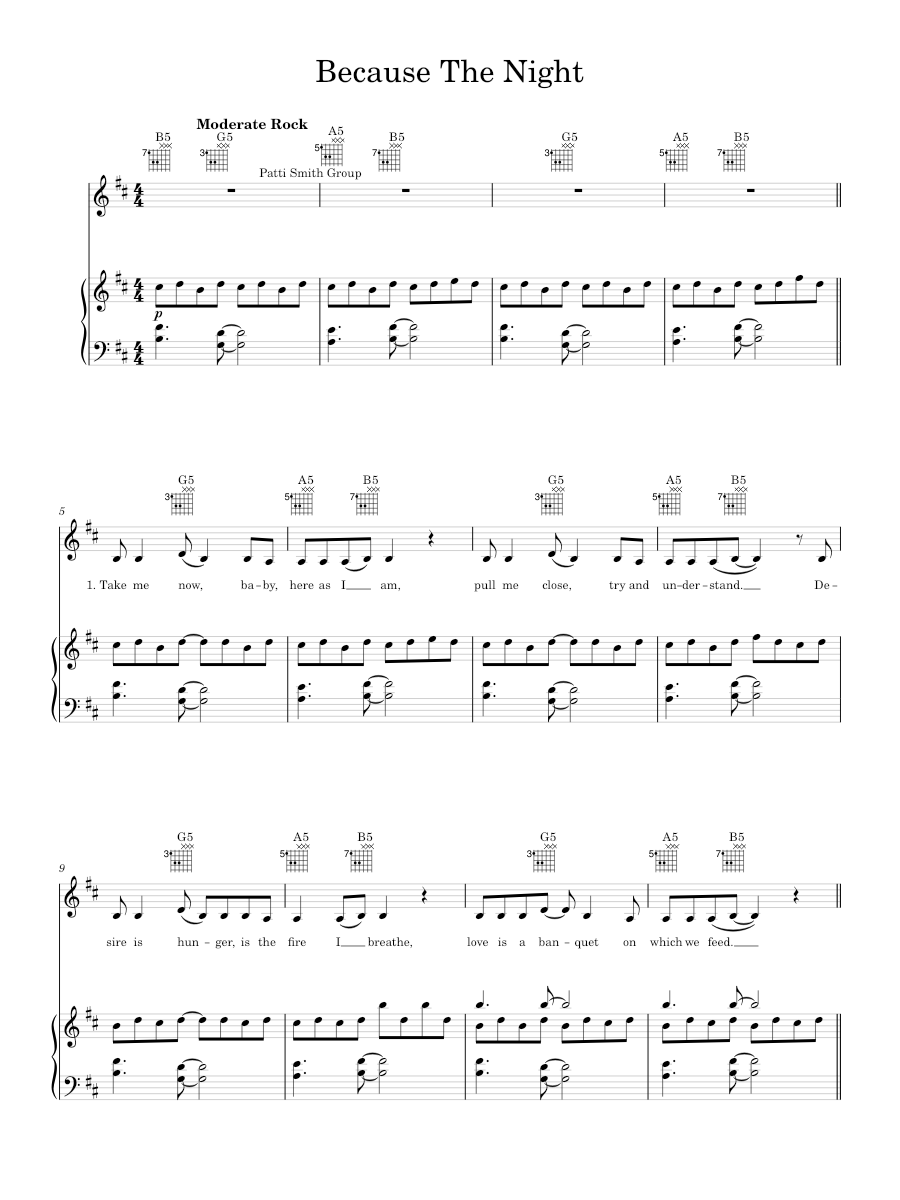 Play Official version of Because The Night sheet music by Patti Smith ...