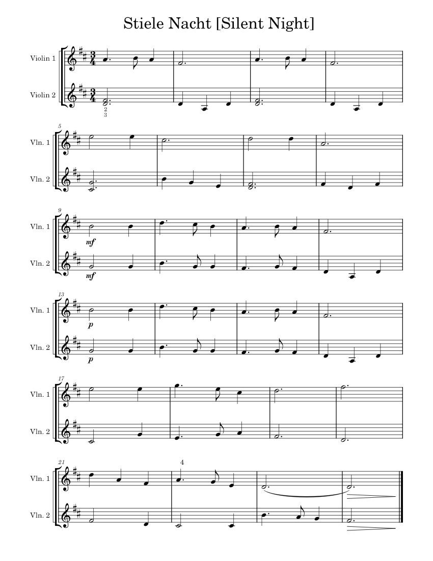 Stille Nacht (Silent Night) Sheet music for Violin (String Duet ...