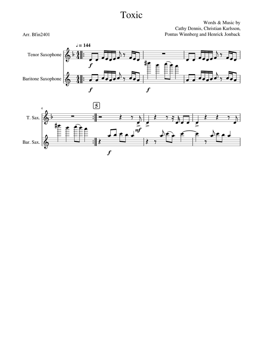 Toxic Britney spears Sheet music for Saxophone baritone (Woodwind Duet ...