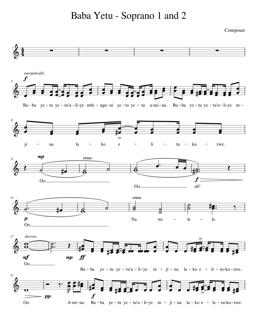 Baba Yetu - Soprano 1 and 2 Sheet music for Piano (Choral) Easy | Musescore.com