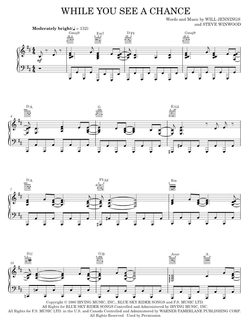 while you see a chance Sheet music for Piano, Vocals by Steve Winwood Official | MuseScore.com