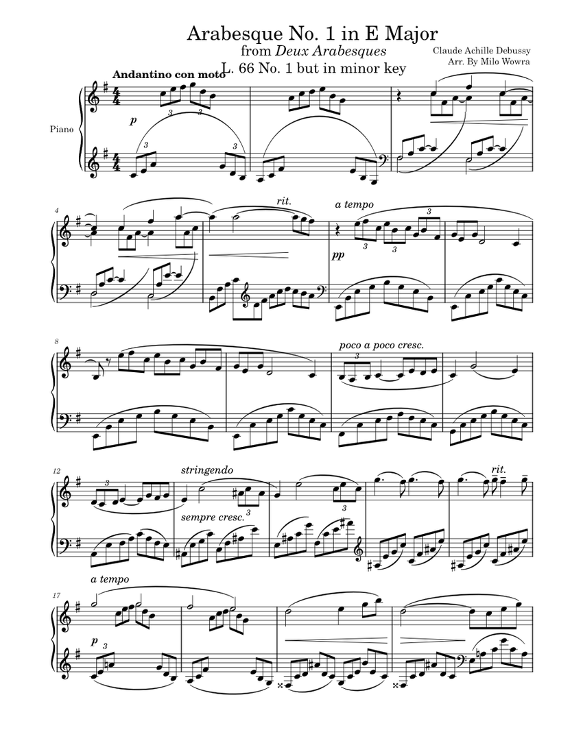 2 Arabesques – Claude Debussy Arabesque Bo. 1 In E minor Version Sheet music for Piano (Solo ...
