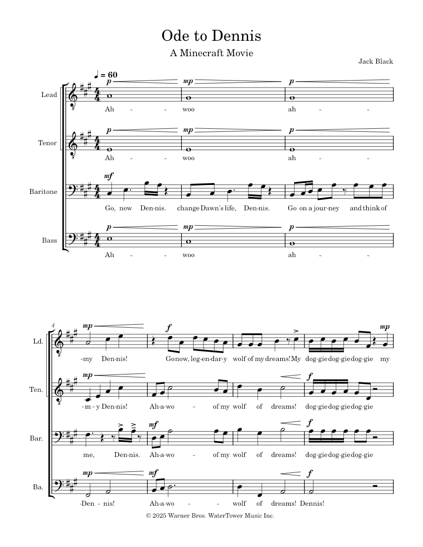 Ode to Dennis from A Minecraft Movie Sheet Music for Bass guitar ...