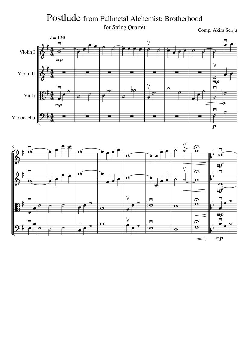 Postlude for String Quartet (Fullmetal Alchemist: Brotherhood) Sheet ...
