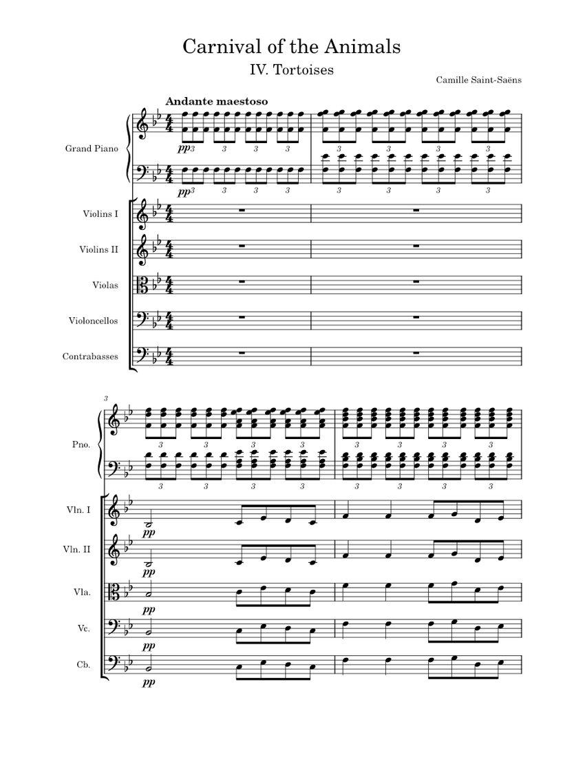 Carnival of the Animals, IV. Tortoises Sheet music for Piano, Strings group (Mixed Ensemble ...