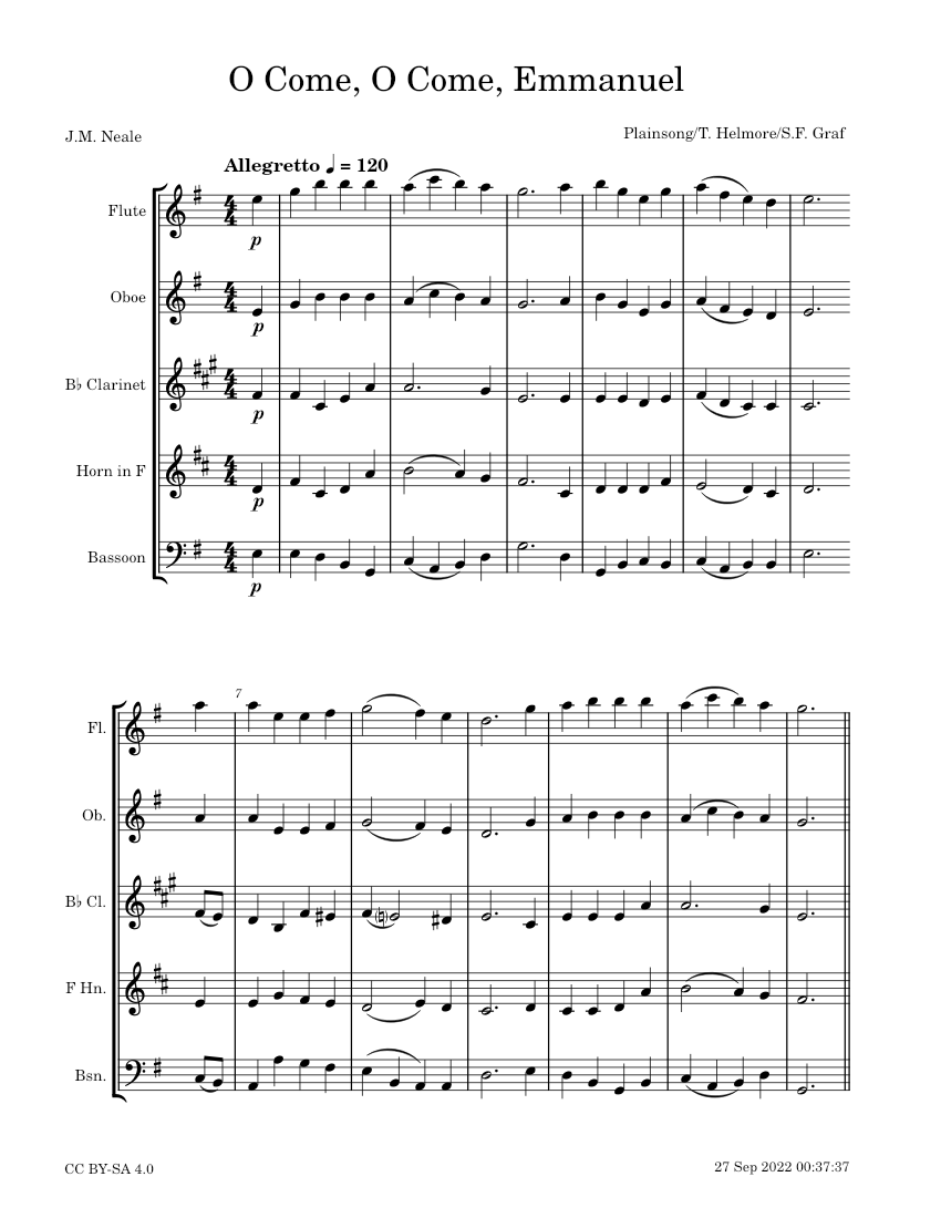 O Come O Come Emmanuel – Plainsong / Thomas Helmore – Woodwind Quintet ...