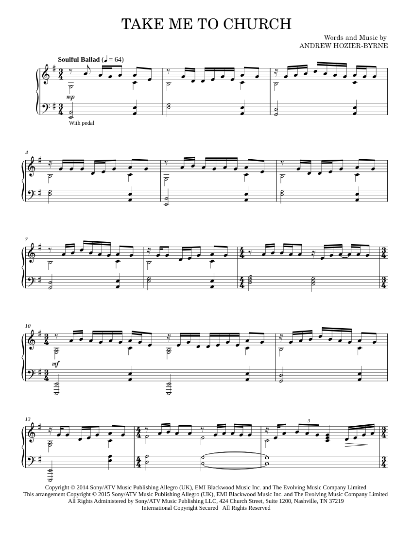 Play Official version of Take me to church Sheet Music by Hozier for ...