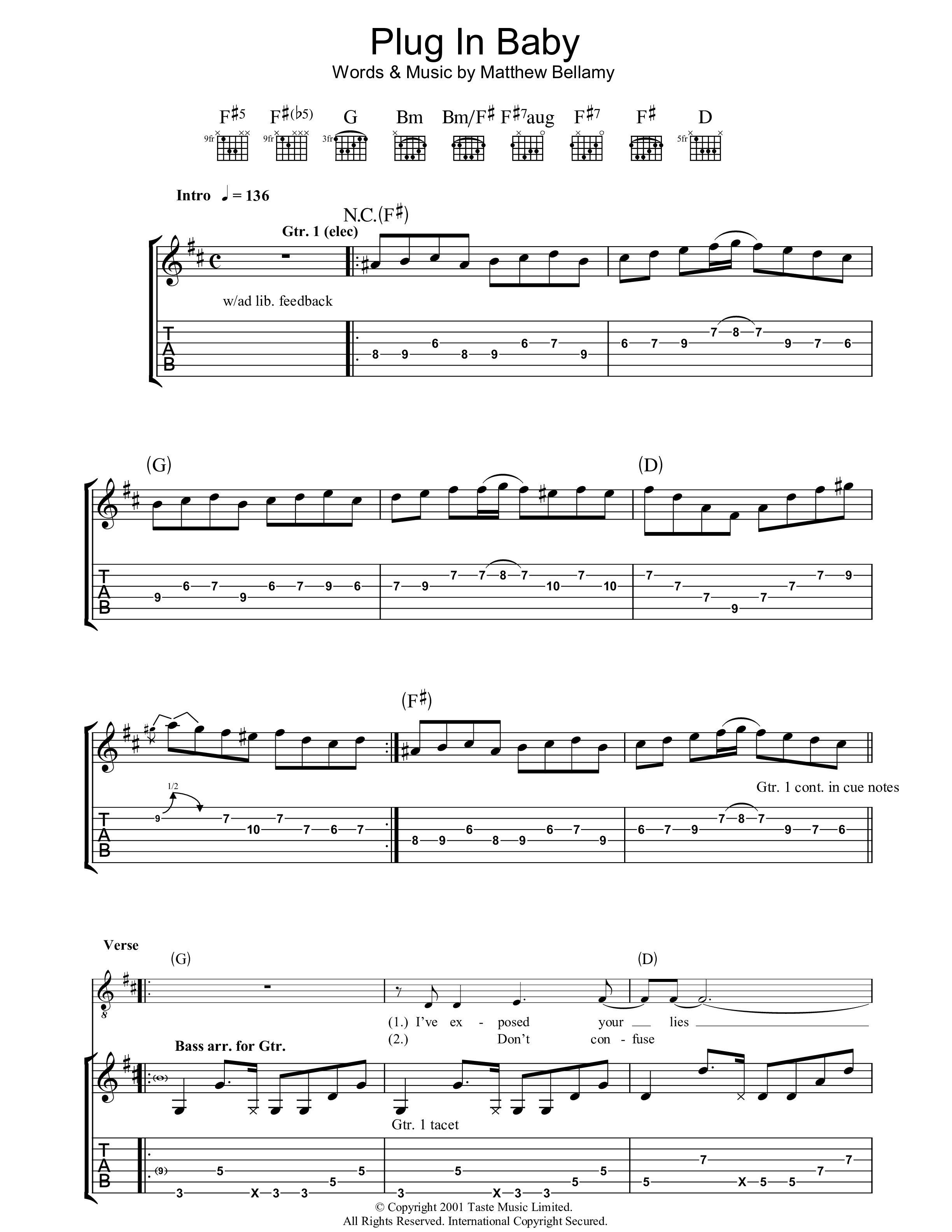 Play Official version of Plug in baby Sheet Music by Muse for Guitar ...