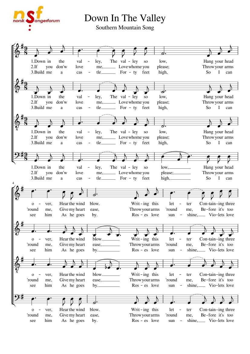 Down in the valley – Misc tunes Sheet music for Soprano, Alto, Tenor ...
