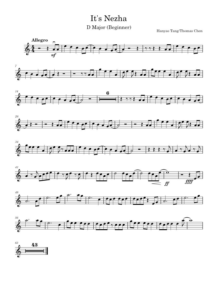 It's Nezha - Tang Hangao Sheet Music for Violin (Solo) | MuseScore.com