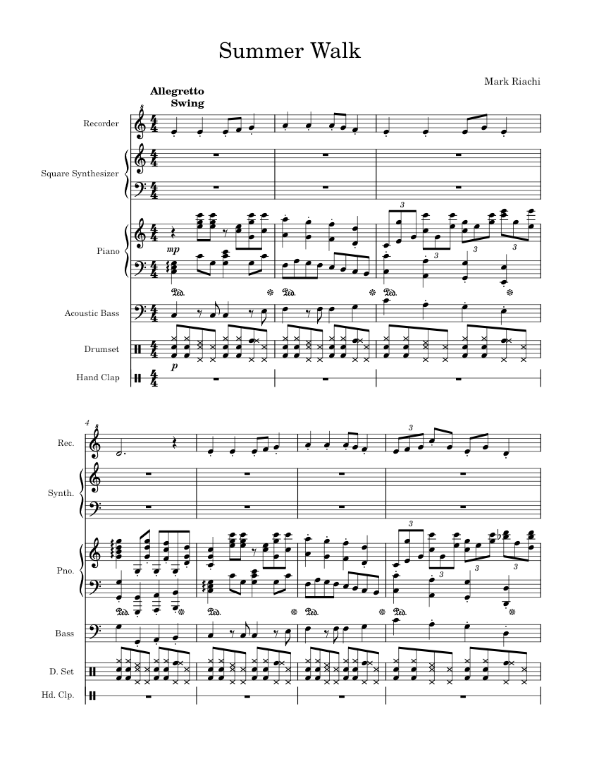 Summer Walk Sheet music for Piano, Bass guitar, Drum group, Recorder ...