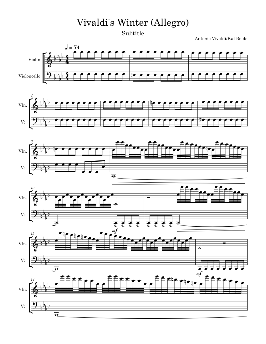 Vivaldi's Winter (Allegro) Sheet music for Violin, Cello (String Duet ...