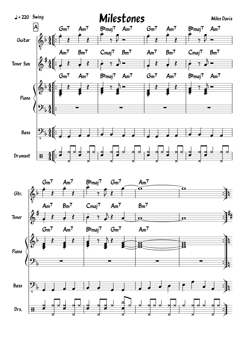 Milestones Sheet music for Piano, Saxophone tenor, Guitar, Bass guitar ...