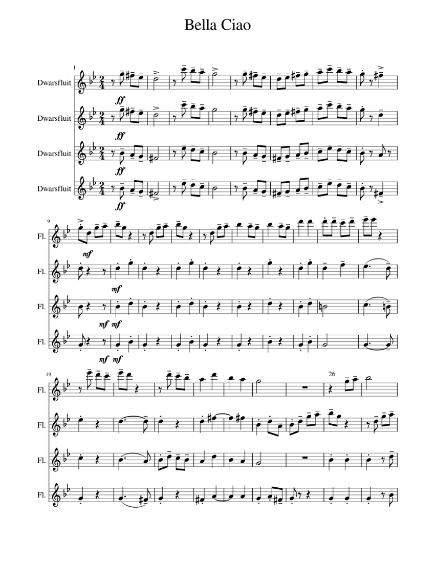 Bella Ciao Sheet music for Flute (Mixed Quartet) | Musescore.com