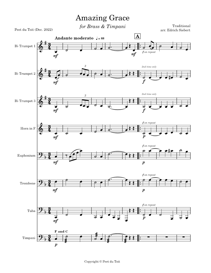 Amazing Grace - Trad. arr. Edrich Siebert Brass Ensemble & Perc Sheet ...