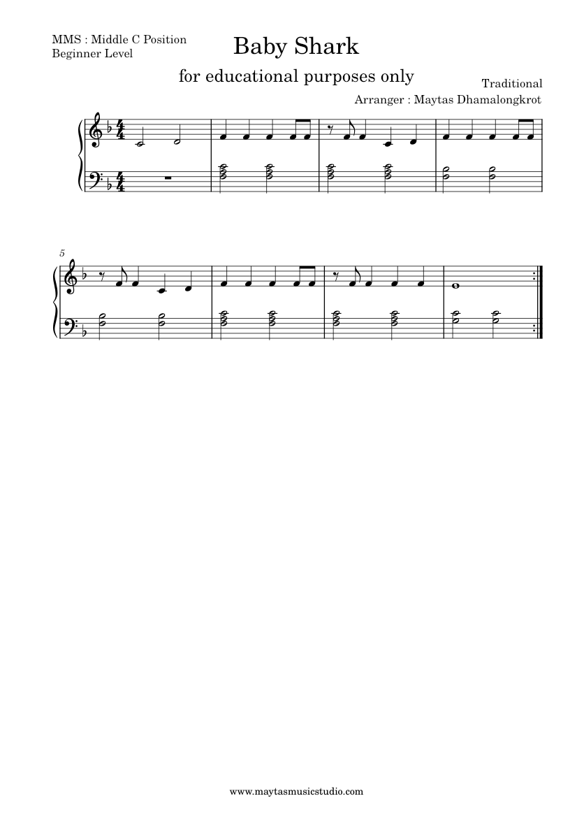 Baby Shark [EASY] / Traditional / Maytas Dhamalongkrot Sheet music for ...