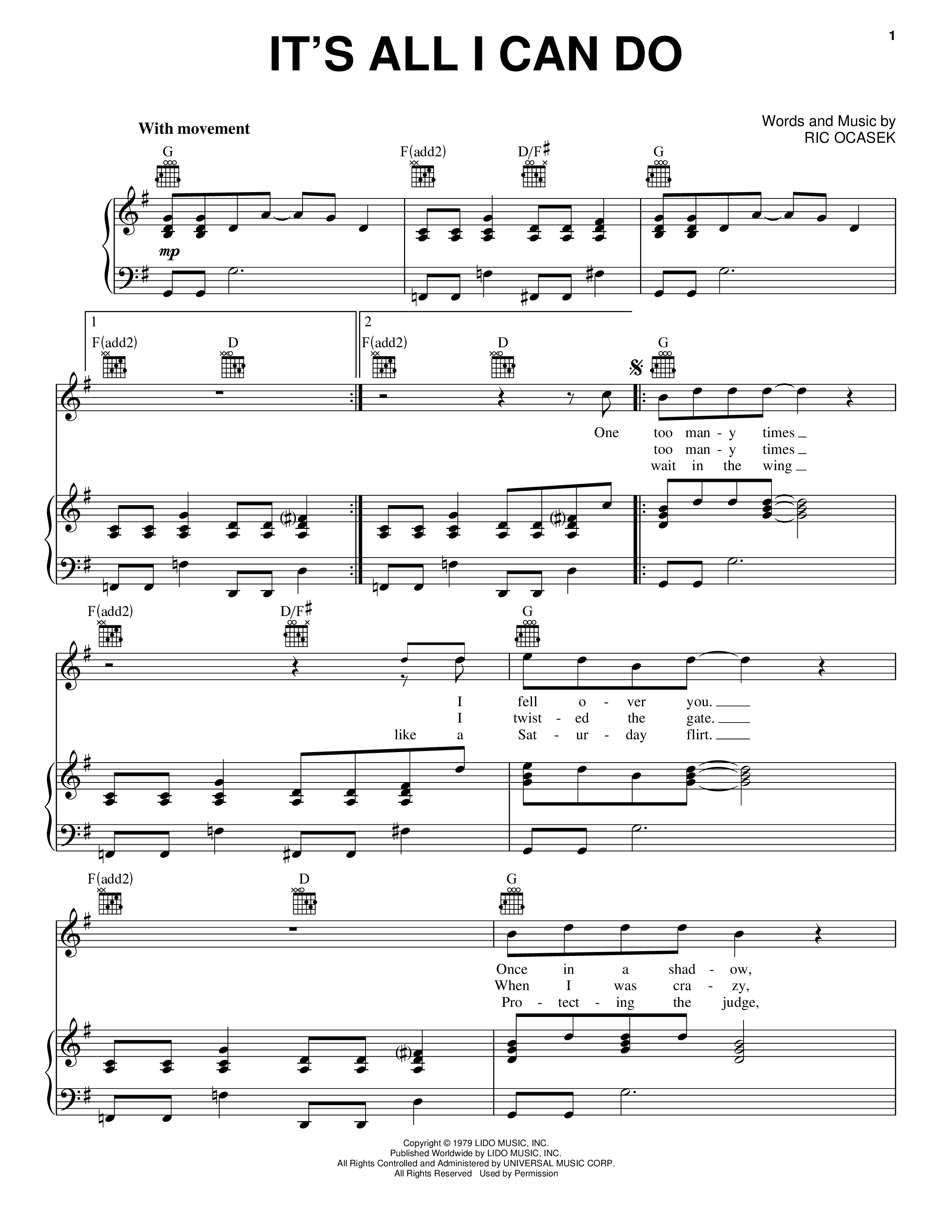 Play Official version of Its all i can do sheet music by The Cars for ...