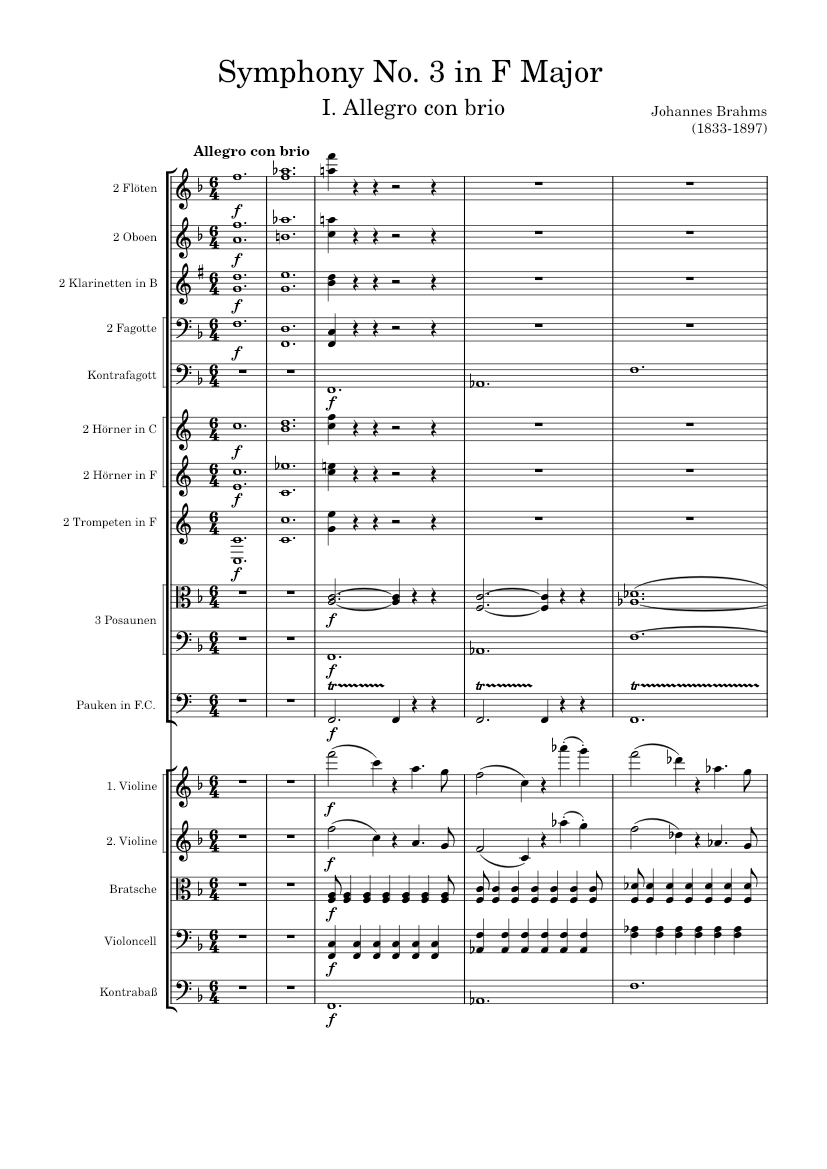 Brahms-Symphony No. 3 in F Major: I. Allegro con brio Sheet music for Trombone, Flute, Oboe ...