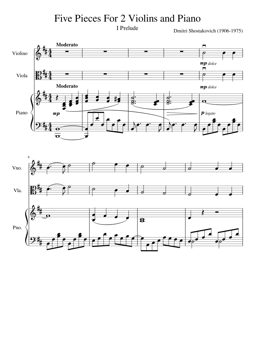 Five Pieces For 2 Violins and Piano - I Prelude Sheet Music for Piano ...