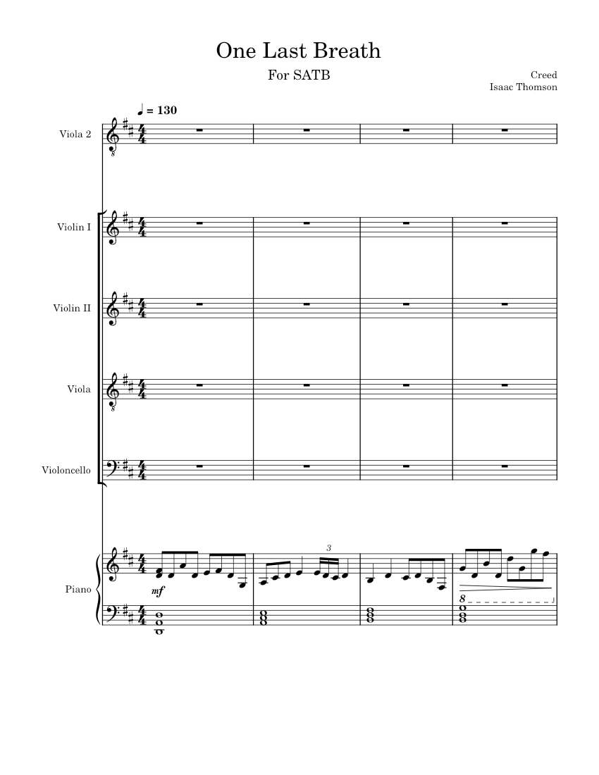One Last Breath Sheet Music for Piano, Violin, Viola, Cello (Piano Sextet) | MuseScore.com