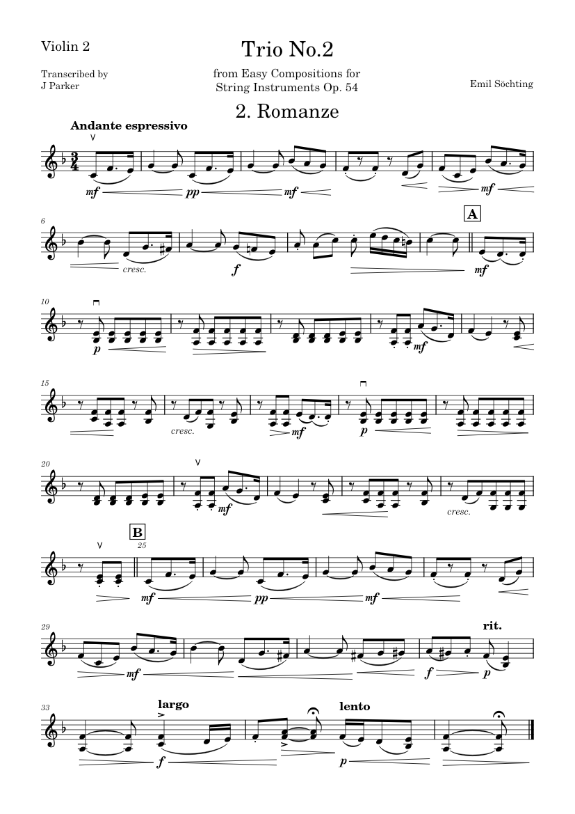 Easy String Trios No. 2 – Emil Söchting Mvt 2 Violin 2 PART Sheet music for Violin (String Trio ...