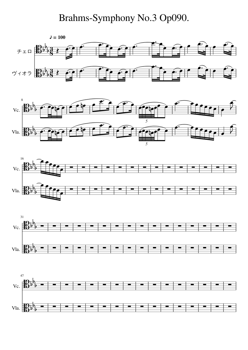 Brahms-Symphony No.3 Op090. Sheet music for Viola, Cello (String Duet ...