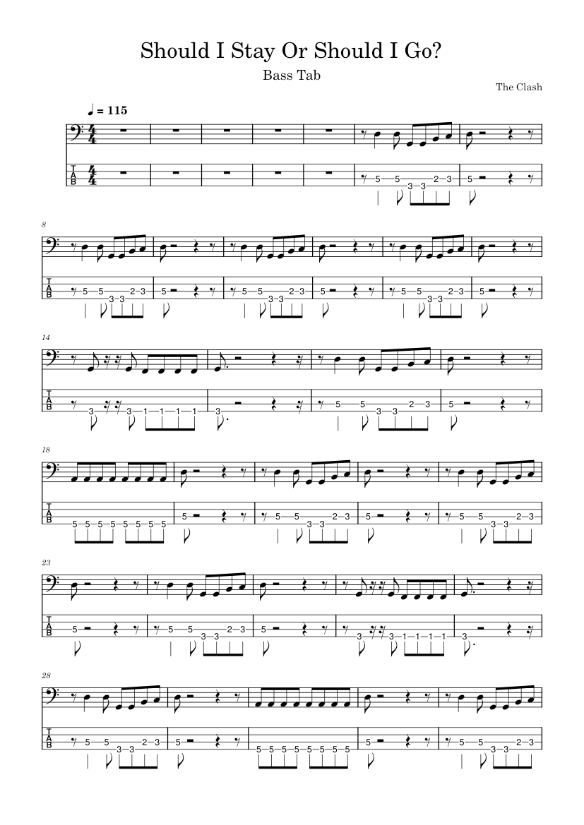Should I Stay Or Should I Go – The Clash Sheet Music and Tab for Bass ...