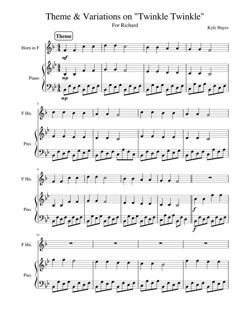 Theme and Variations on Twinkle Twinkle Sheet music for Piano, French ...