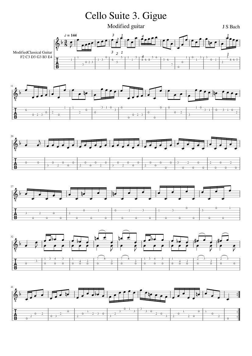 Cello Suite III Gigue in F Sheet music for Guitar (Solo) | Musescore.com