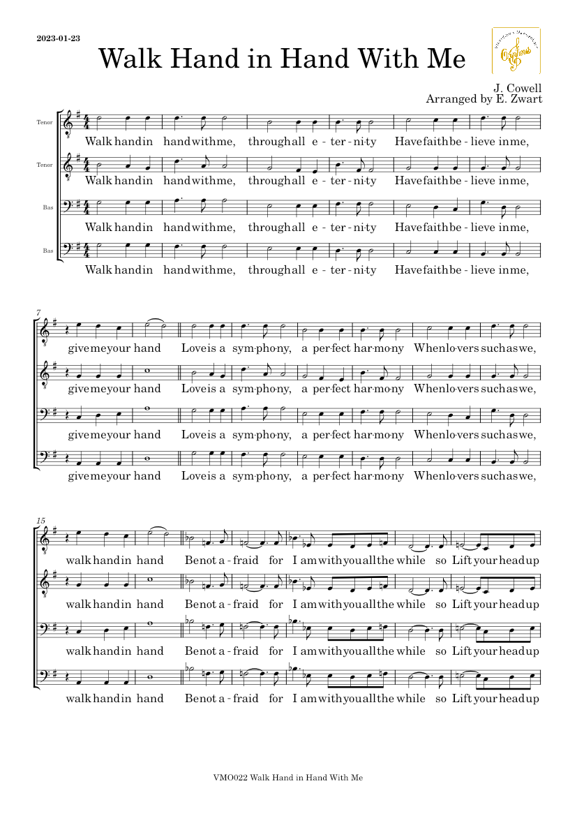 VMO022 Walk hand in hand with me - Songwr. J. Cowell, Arr. J.R ...