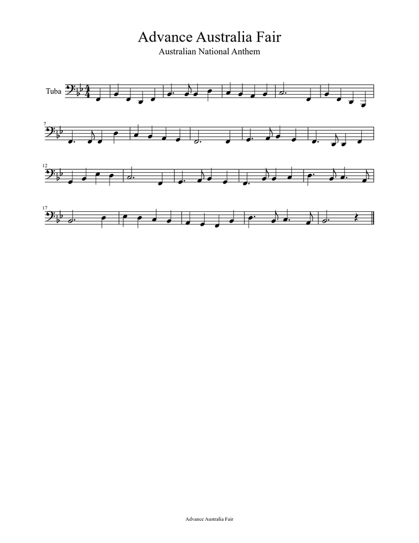 Advance Australia Fair (in Bb) Sheet music for Tuba (Solo) | Musescore.com