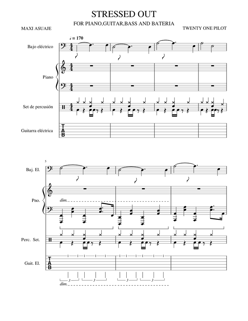 STRESSED OUT- COVER BAND Sheet music for Piano, Guitar, Bass guitar ...