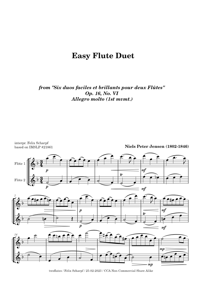 Easy Flute Duet, Op. 16, No. 6 - Allegro - Niels Peter Jensen Sheet Music for Flute (Woodwind ...