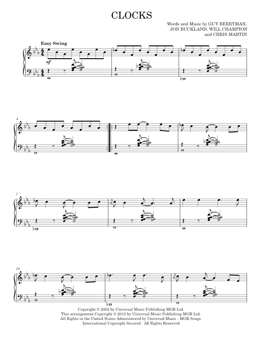 Play Official version of Clocks sheet music by Coldplay for Piano ...