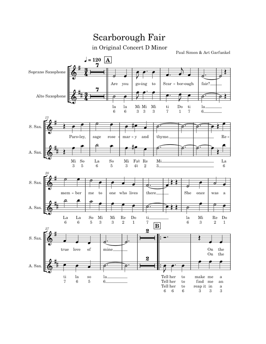 Scarborough Fair/Canticle – Simon & Garfunkel (Sax Duet) Sheet music ...