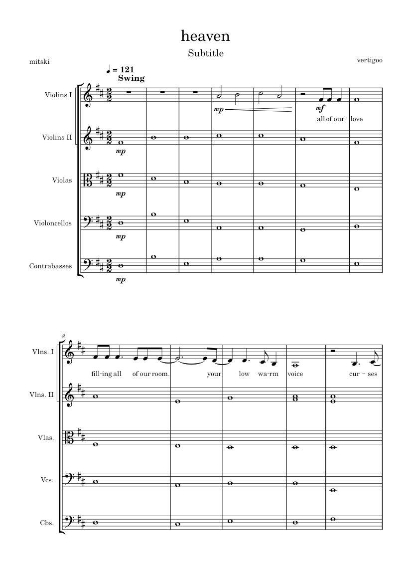 Heaven – Mitski Sheet Music for Strings group (Mixed Quintet ...