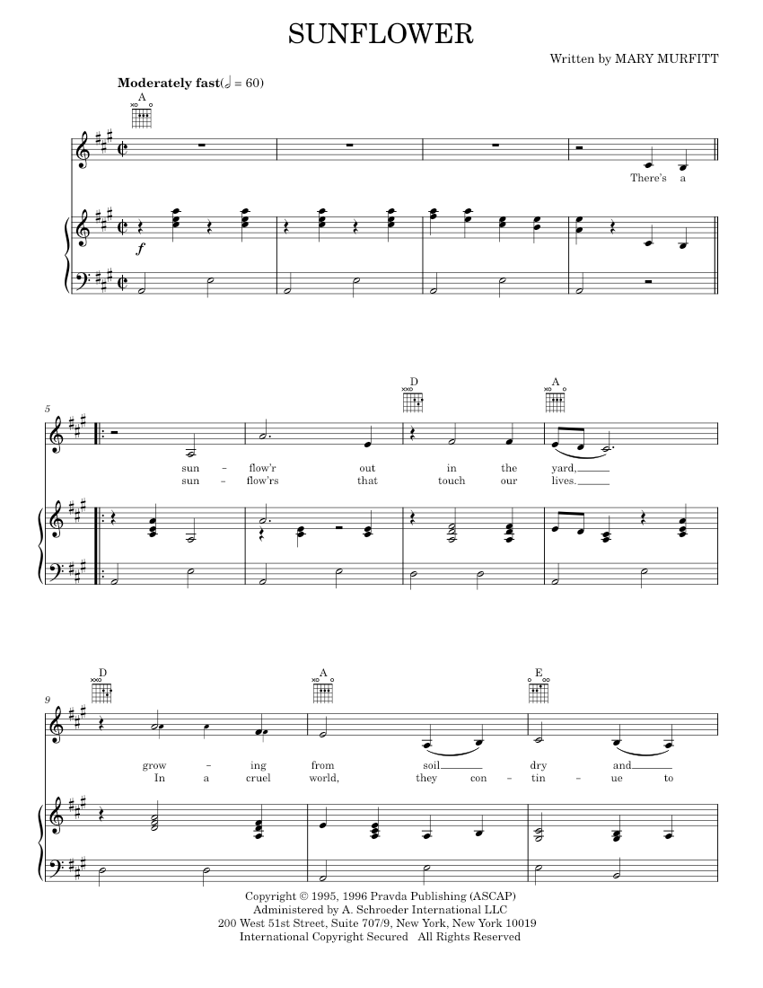 Sunflower Sheet music for Piano, Vocals: Music Notes