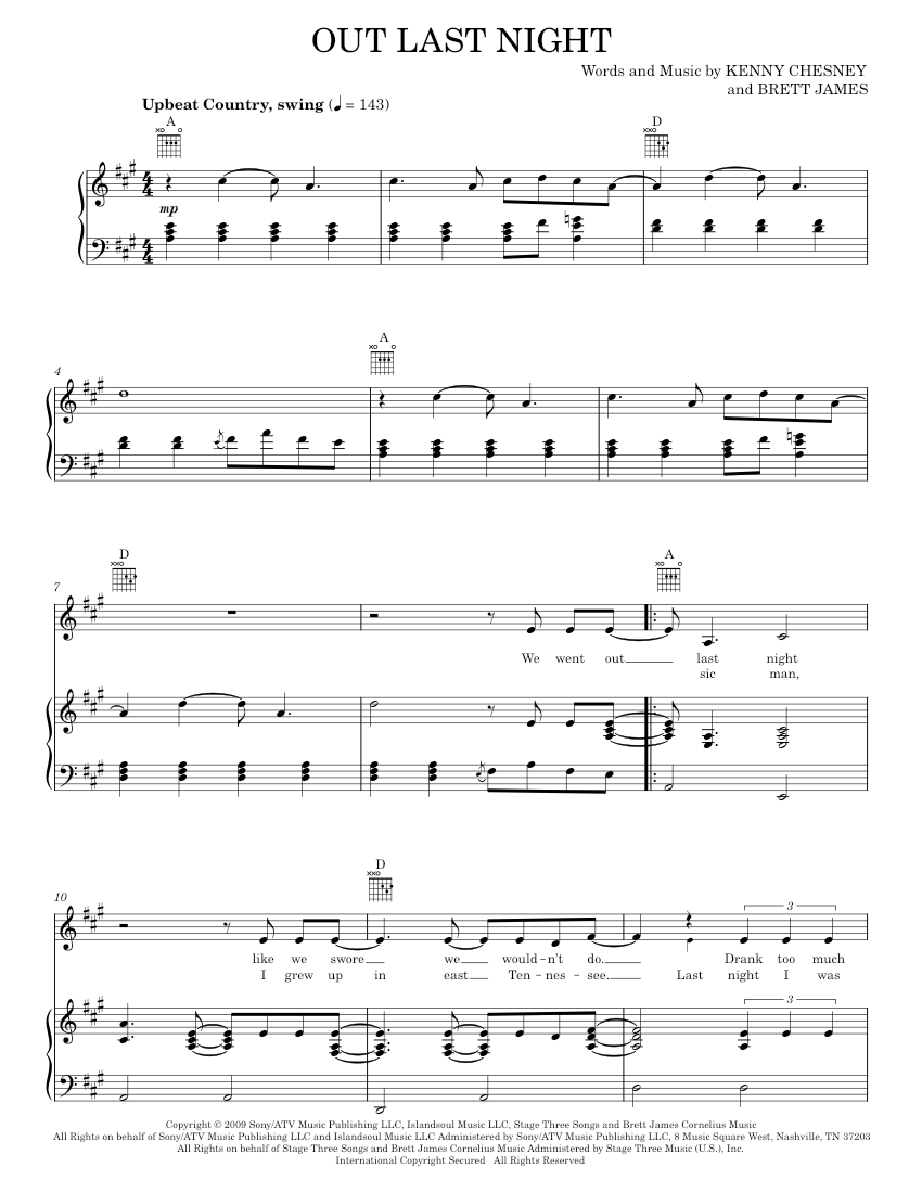 Play Official version of Out last night sheet music by Kenny Chesney ...