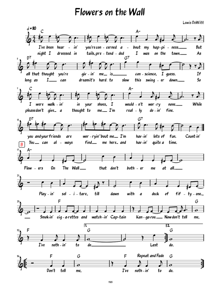 Flowers on the Wall (Lead sheet with lyrics ) Sheet music for Piano ...